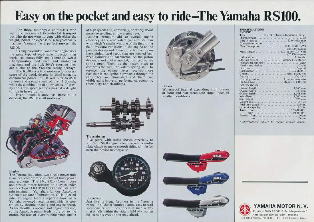 Información detallada de Yamaha RS 100 | Fotos y Especificaciones