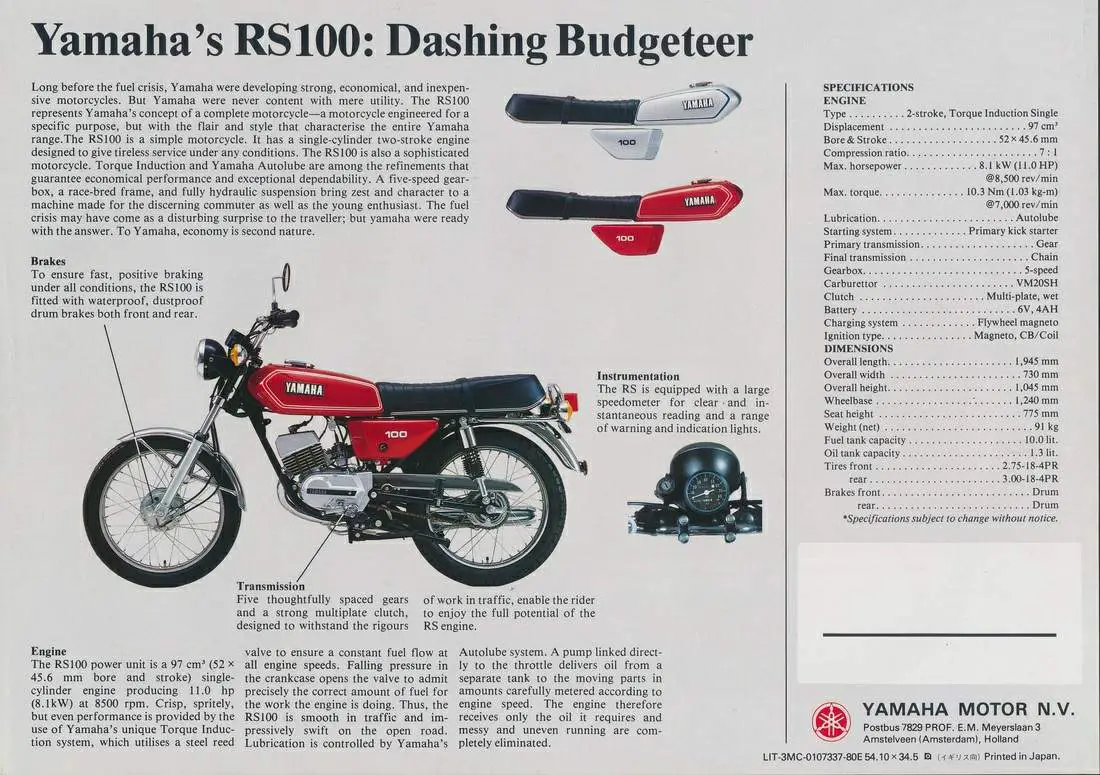 Información detallada de Yamaha RS 100 | Fotos y Especificaciones